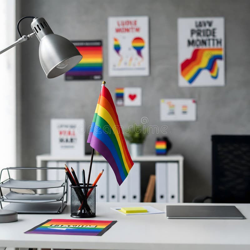 Rainbow Pride Flag on a Desk with Pride-themed Decorations on the Wall ...