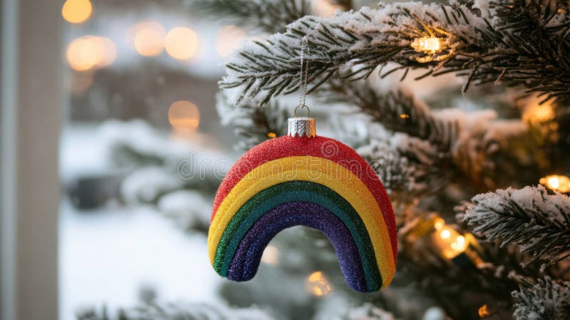 Rainbow Pride Ornament on Tree with Soft Festive Holiday Lighting Stock ...