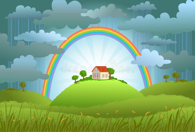 The Rainbow Protects the Small House Stock Vector - Illustration of ...