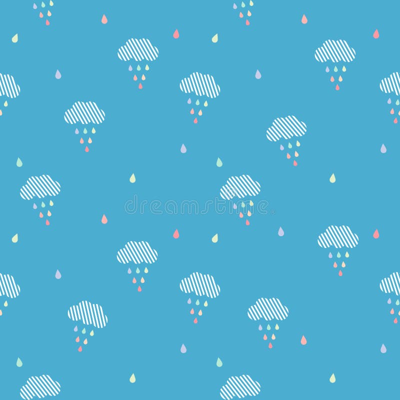 Rainbow Rain with Cloud Fabric Seamless Cute Pattern in Blue Background ...