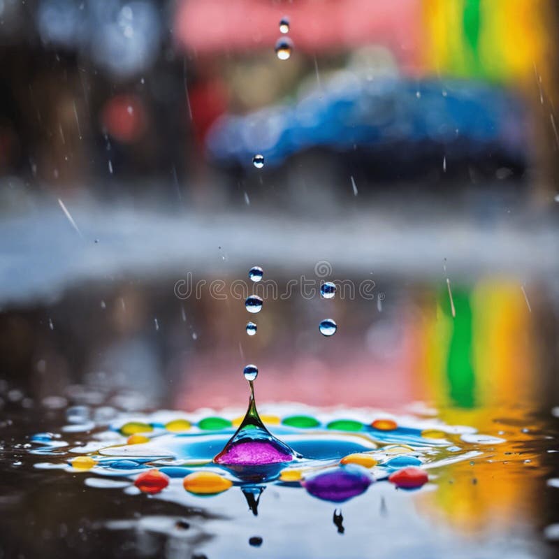Rainbow Raindrops Falling into a Puddle Stock Illustration ...