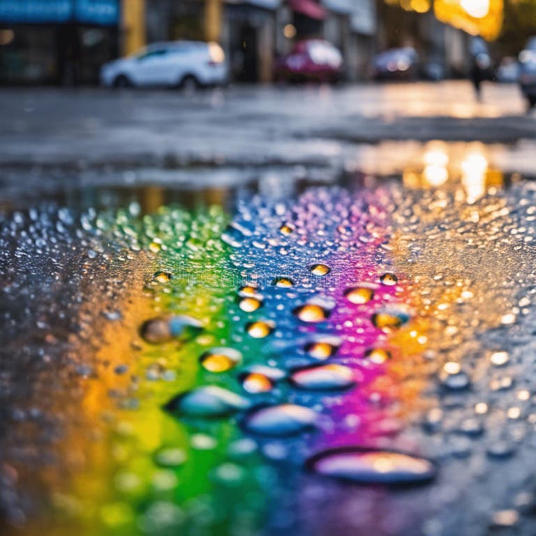 Rainbow Raindrops Falling into a Puddle Stock Illustration ...