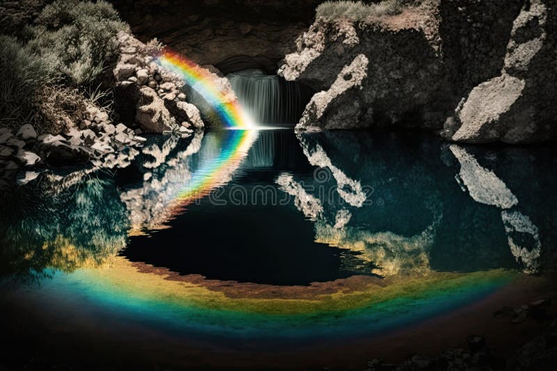 Rainbow Reflected in the Calm Pool of Water at the Bottom of a ...