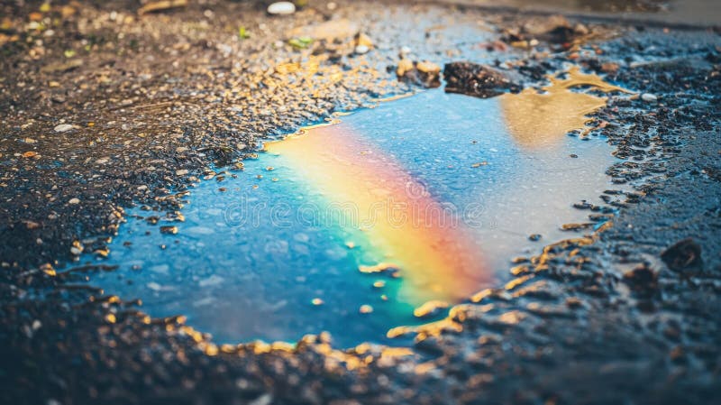 Rainbow Reflected in a Puddle on the Street after the Rain Stock ...