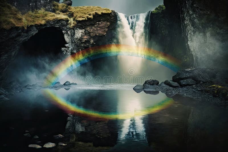 A Rainbow Reflected on the Surface of a Waterfall, with Mist Rising in ...