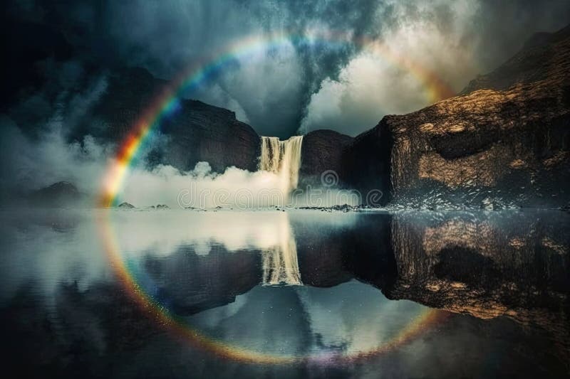 A Rainbow Reflected on the Surface of a Waterfall, with Mist Rising in ...