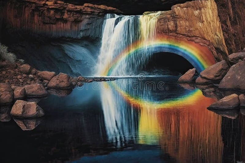 A Rainbow Reflected in the Water of a Graceful Waterfall Stock ...