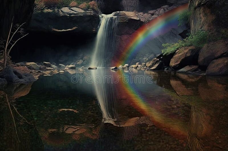 Rainbow Reflected in the Water of a Peaceful Waterfall Stock ...