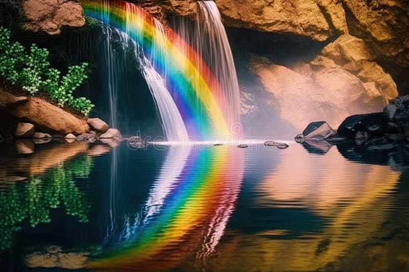 Rainbow Reflected in the Water of a Peaceful Waterfall Stock ...