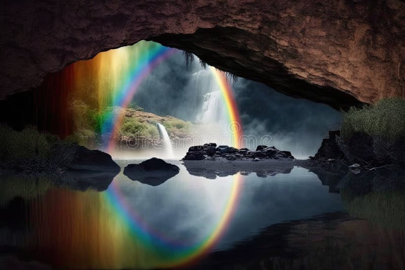 A Rainbow Reflected in the Water of a Peaceful Waterfall Stock ...
