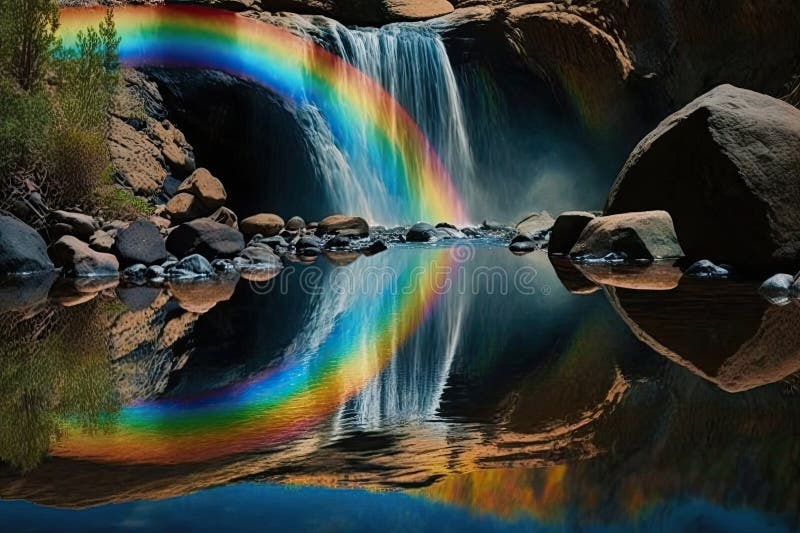 A Rainbow Reflected in the Water of a Peaceful Waterfall Stock ...