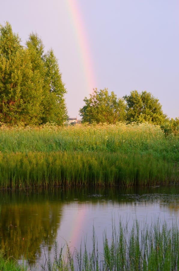 The Rainbow is Reflected in the Water of the Pond Stock Image - Image ...