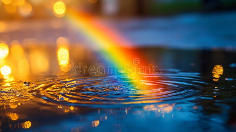 Rainbow Reflected in Water Puddle with Ripples and Light. Stock Image ...