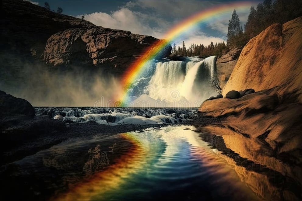 Rainbow Reflected in the Water of a Rushing Waterfall Stock ...