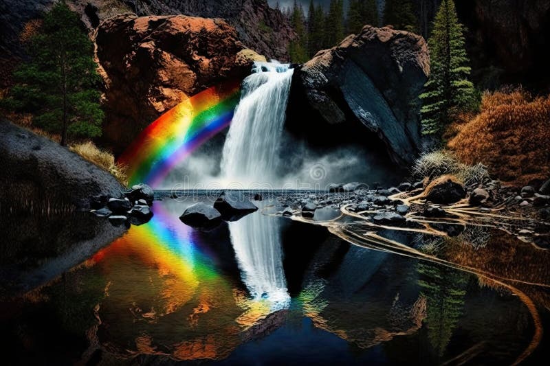 Rainbow Reflected in the Waters of a Cascading Waterfall Stock ...