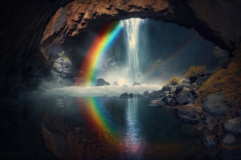 Rainbow Reflecting Off the Surface of a Waterfall, Creating a Magical ...