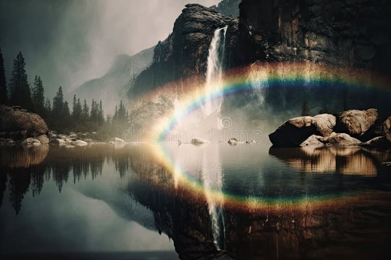 A Rainbow Reflecting Off the Surface of a Waterfall with Mist in the ...