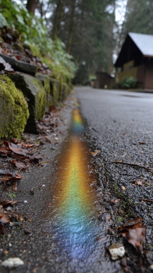 Rainbow Reflection on Wet Asphalt Path in Forest with Mossy Stone ...