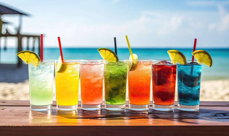 A Rainbow of Refreshment: Colorful Drinks on a Wooden Table Stock ...
