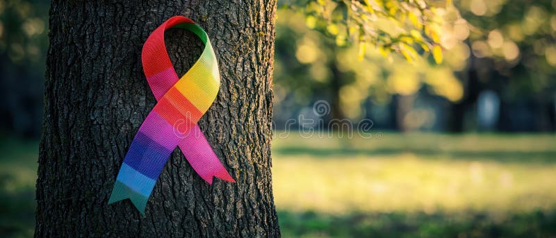 Rainbow Ribbon Tied Around Tree Symbolizing Support and Unity in Nature ...