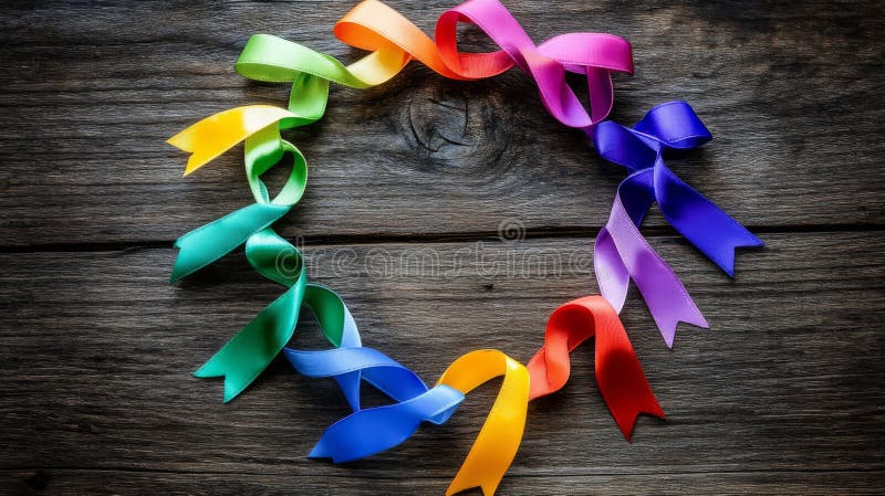 Rainbow Ribbons Arranged in a Circle on Dark Wood Stock Illustration ...