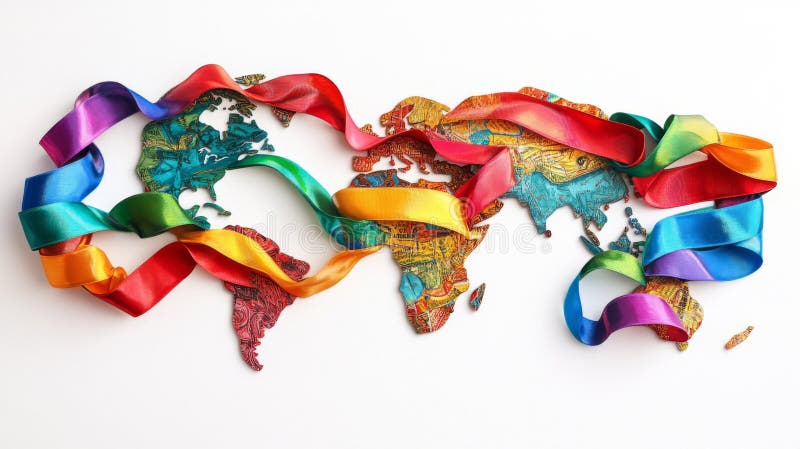 Rainbow Ribbons Encircling a World Map Stock Illustration ...