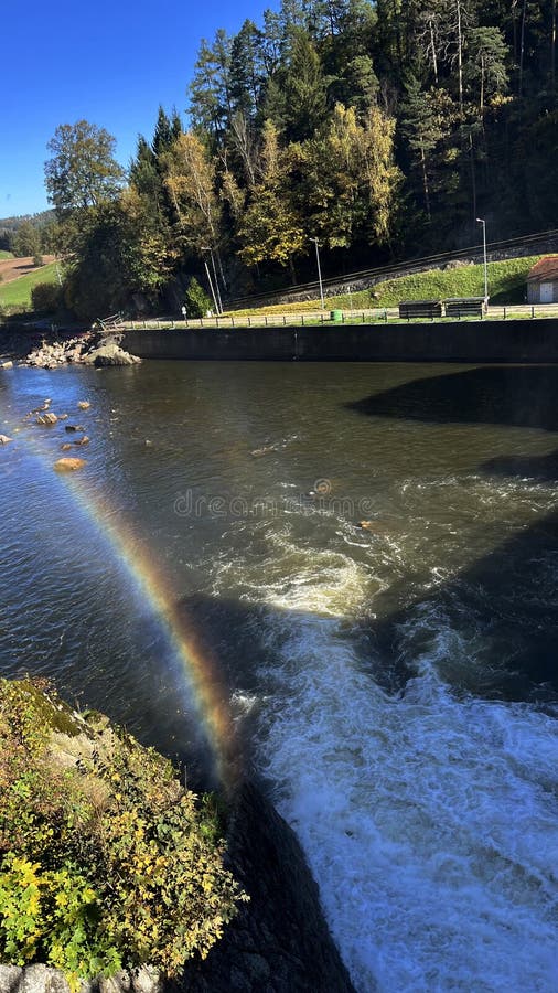 Rainbow on a River Dam with Falling Water. Bobr River, Poland Stock ...