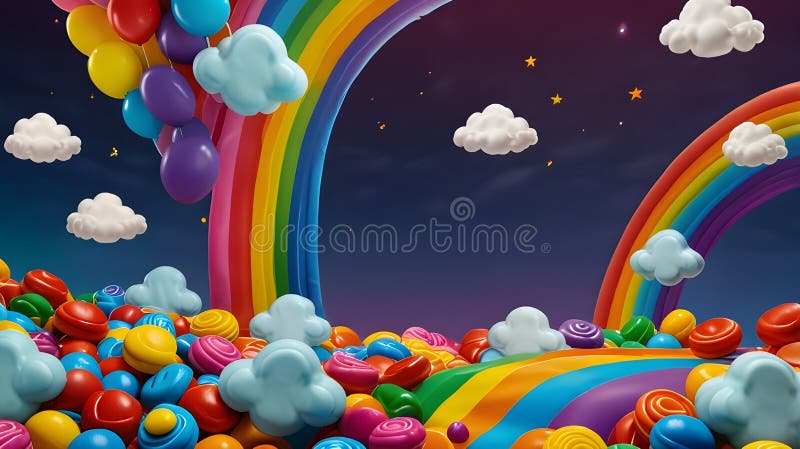 A Rainbow Road Background with Floating Candy and Happy Clouds Stock ...