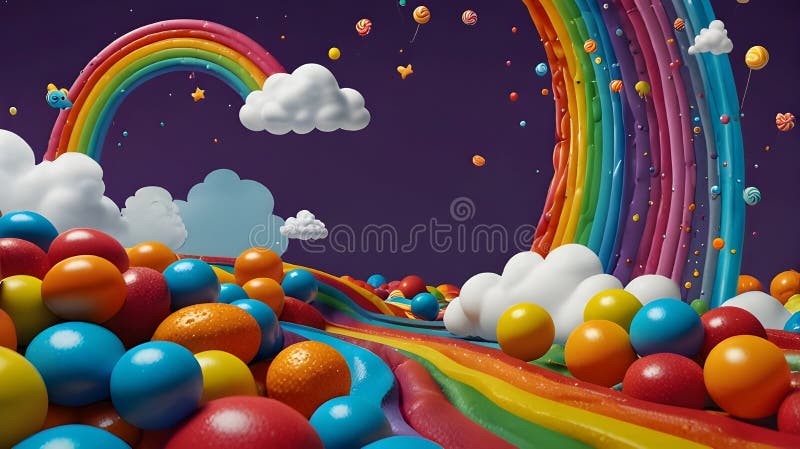 A Rainbow Road Background with Floating Candy and Happy Clouds Stock ...