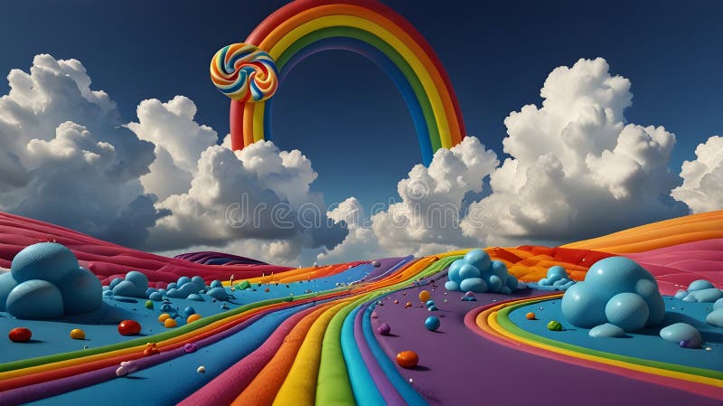 A Rainbow Road Background with Floating Candy and Happy Clouds Stock ...