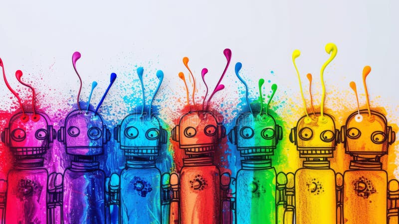 Rainbow Robots Lined Up with Splatter-painted Design Stock Image ...