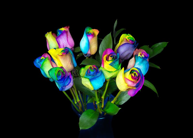 Rainbow Rose Bouquet on Black Stock Photo - Image of bouquet, bright ...