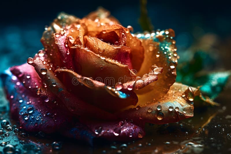 Rainbow Rose with Dew Drops. Neural Network AI Generated Stock ...