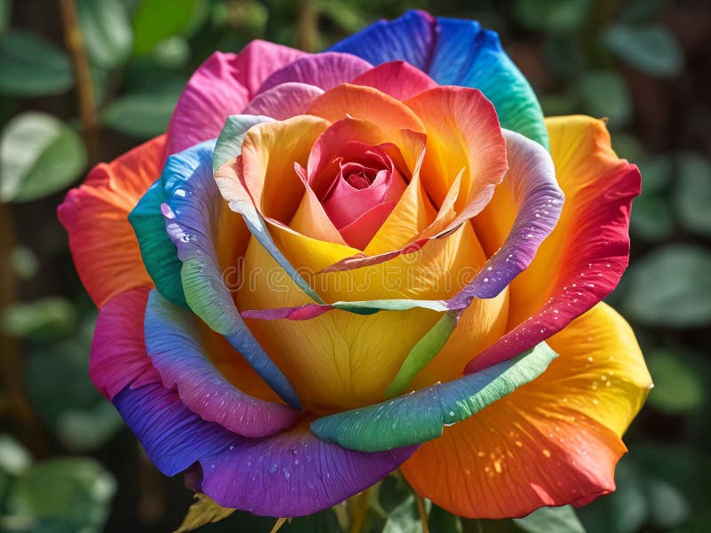 A Rainbow Rose, Large Multicolored Rose Illuminated by Rays of the Sun ...