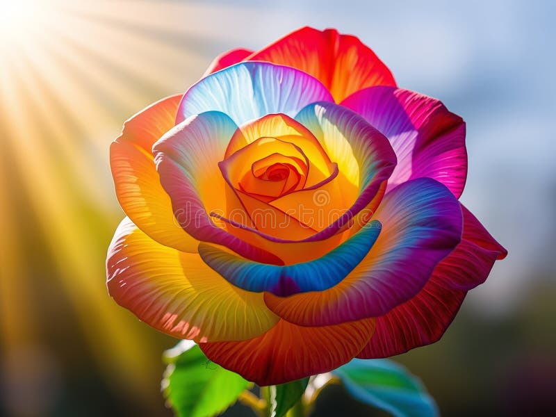 A Rainbow Rose, Large Multicolored Rose Illuminated by Rays of the Sun ...