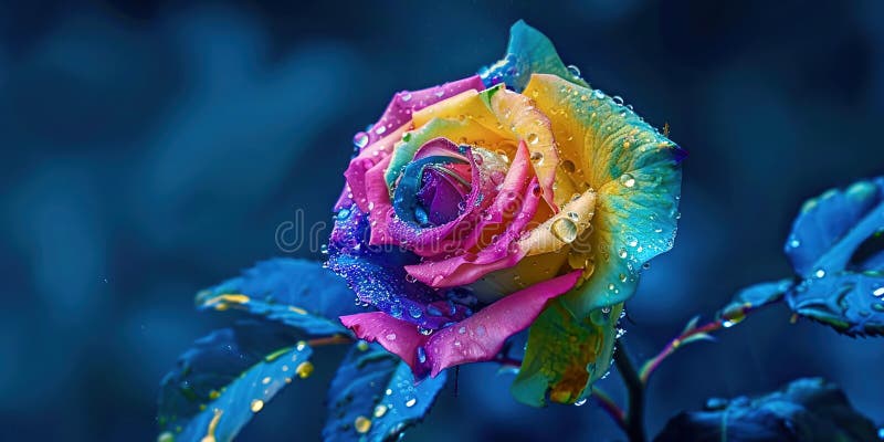 Rainbow Rose with Raindrops Stock Photo - Image of floral, blossom ...