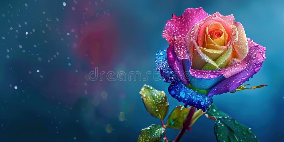 Rainbow Rose with Raindrops Stock Image - Image of rainbow, floral ...