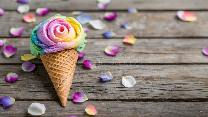 Rainbow Rose Shaped Ice Cream Cone on Wooden Table. Generative AI Stock ...