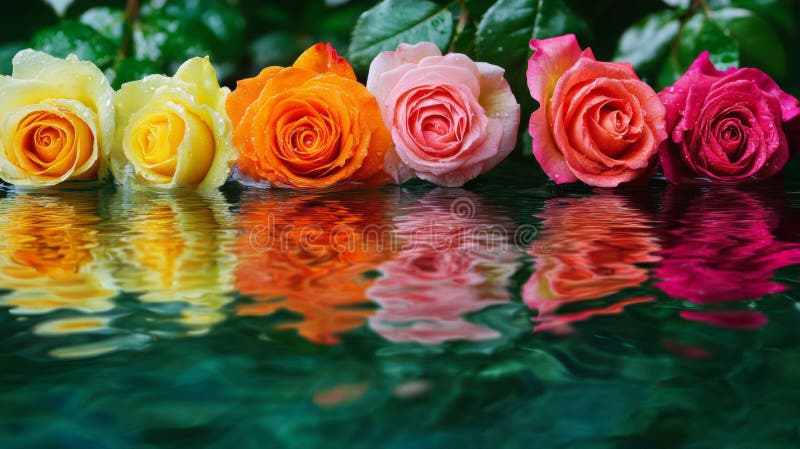 Rainbow Roses Reflecting in Still Water Stock Illustration ...
