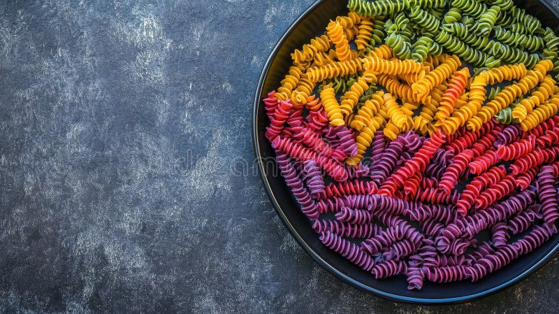 Rainbow Rotini: Vibrant Pasta Display on Dark Textured Background Stock ...