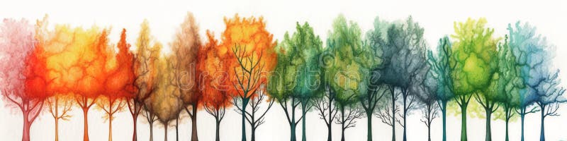 Rainbow Row of Trees, Watecolor Banner Illustration Isolated on White ...