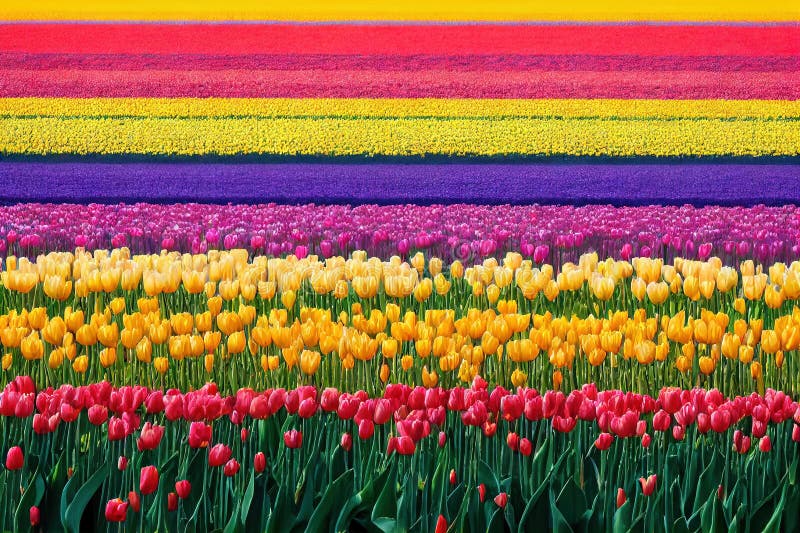 Rainbow Rows of Flowers Planted in Tulip Field during Spring Flowering ...