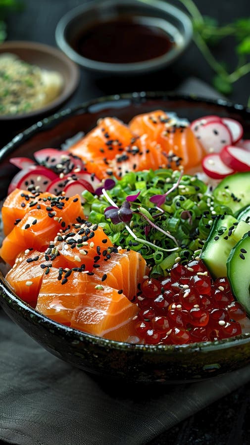 The Rainbow Sashimi Bowl is Displayed Vertically in a High-end ...