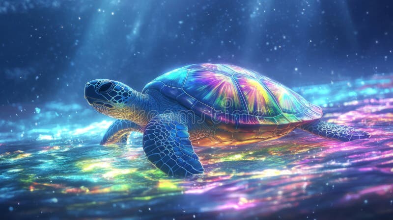 Rainbow Sea Turtle in Glowing Water Digital Art Stock Illustration ...