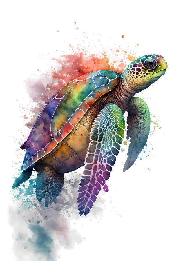 Rainbow Sea Turtle on White Background, Watercolor Illustration ...