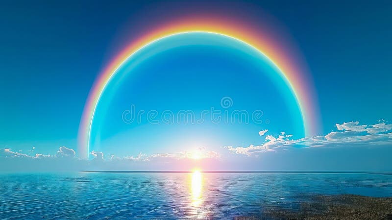 A Rainbow is Seen Over the Water with a Blue Sky Stock Image - Image of ...