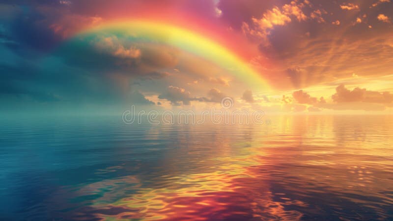 A Rainbow is Seen Over the Water in a Sunset, AI Stock Image - Image of ...