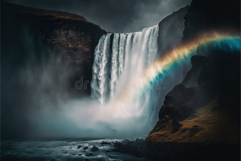 A Rainbow is Seen Over a Waterfall in the Dark Sky Above Water and ...