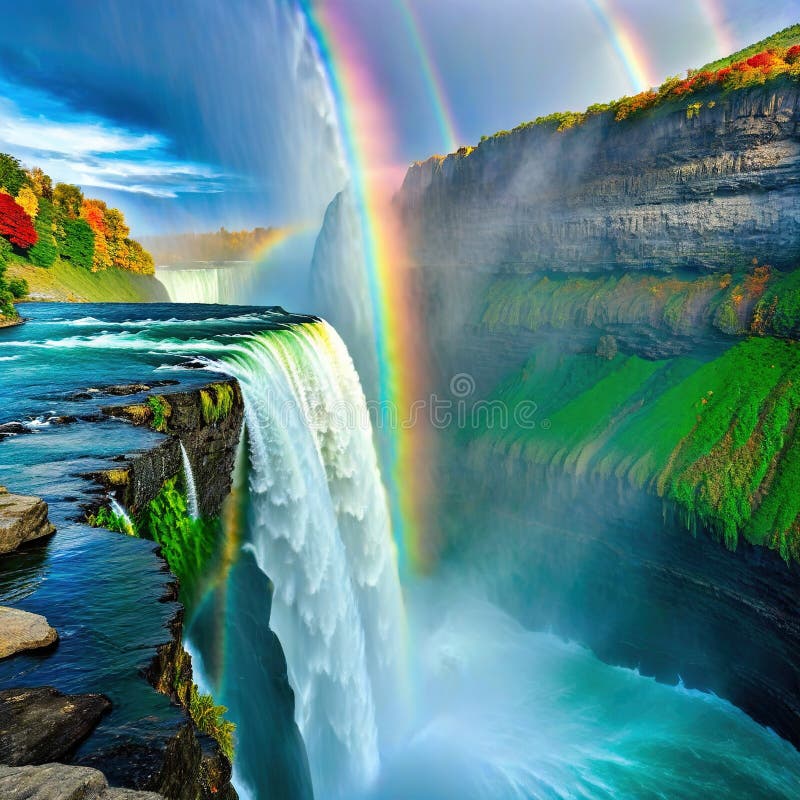 A Rainbow is Seen Over a Waterfall in the Mountains and Water with ...