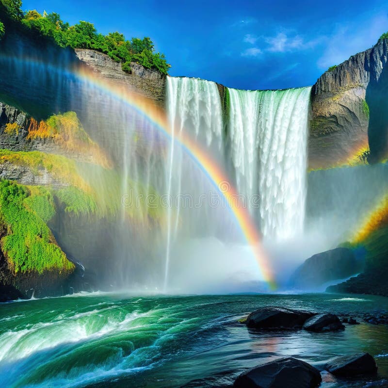 A Rainbow is Seen Over a Waterfall in the Mountains and Water with ...